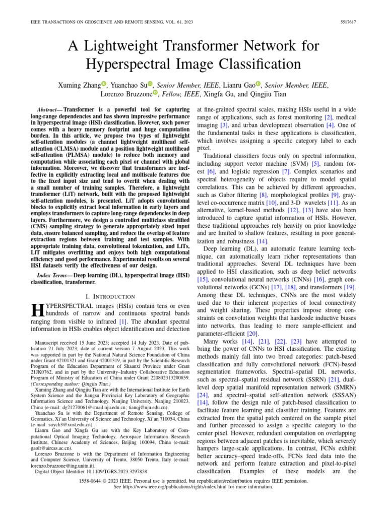 A Lightweight Transformer Network For Hyperspectral Image Classification | PDF | Machine ...