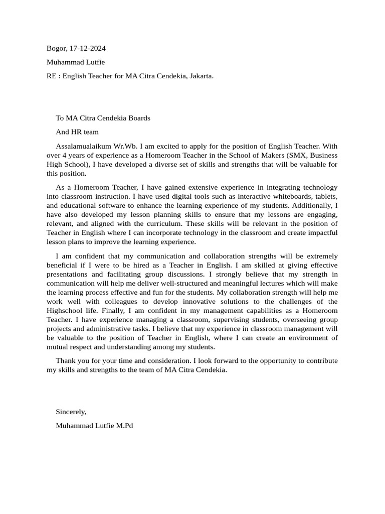 Cover Letter MA Citracendekia Lutfie | PDF