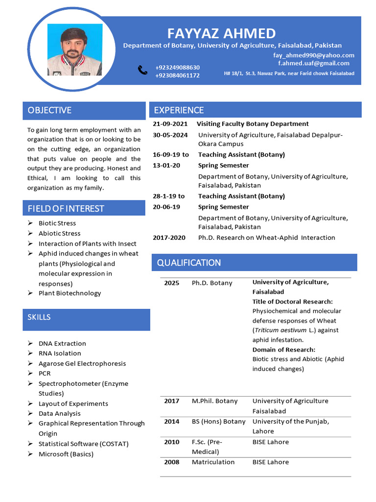 Fayyaz Ahmed CV-PH - D - Botany | PDF | Biotechnology | Agriculture