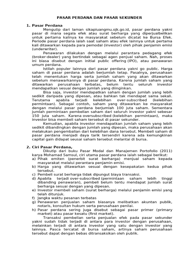 Perbedaan Pasar Perdana dan Sekunder | PDF