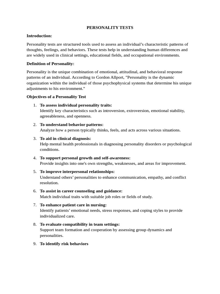 Personality Test Assignment Overview | PDF | Psychological Evaluation ...