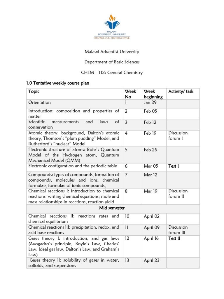 CHEM 112 Course Delivery Plan | PDF | Chemistry | Chemical Reactions