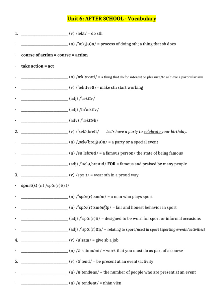 Môn Tiếng Anh Lớp 7 HK1 Unit 6 Vocabulary List TĐN 2021 2022. | PDF ...