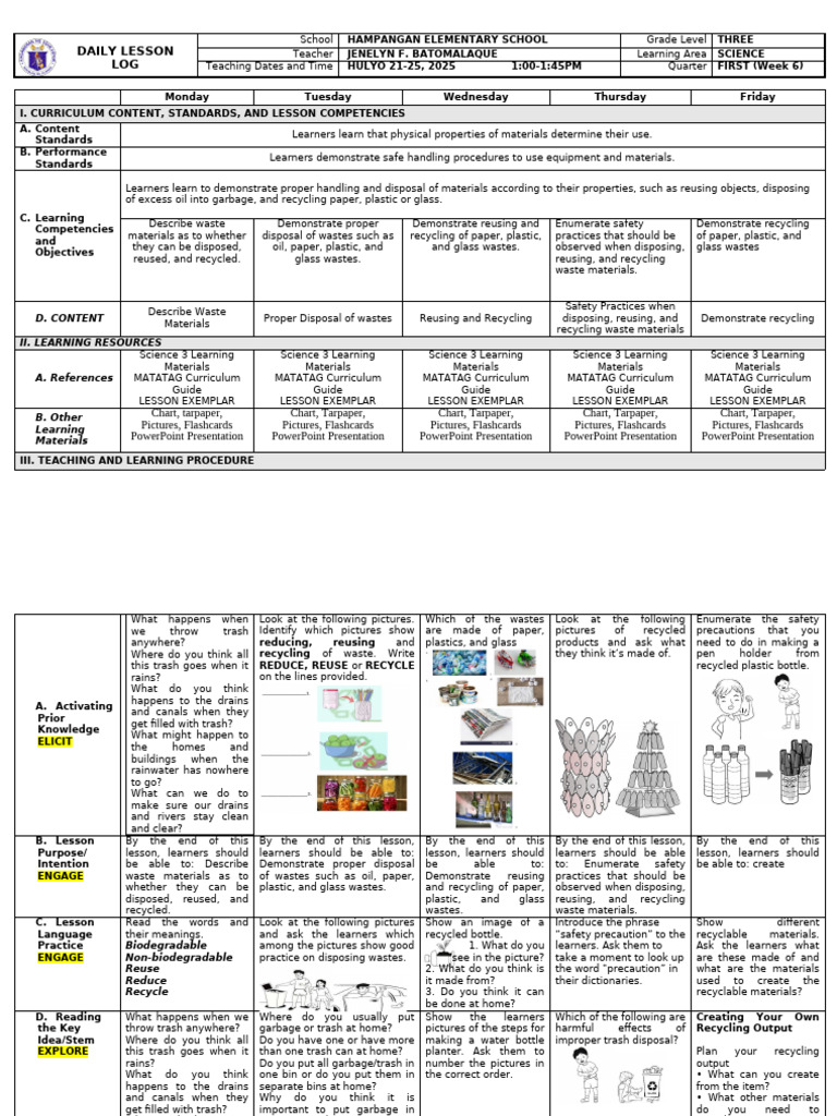 Science Lesson Plan on Waste Management | PDF | Waste | Recycling