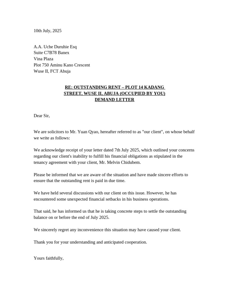 Demand Letter for Outstanding Rent | PDF