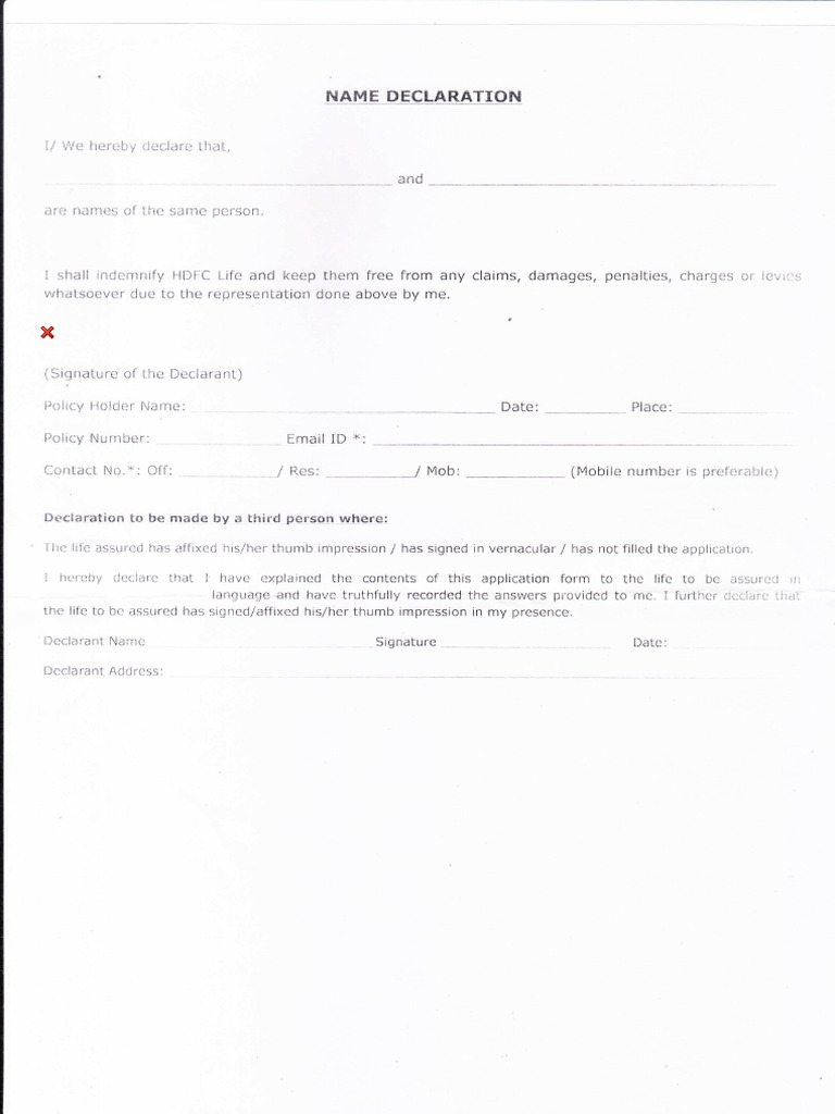 HDFC Life Name Declaration Form | PDF