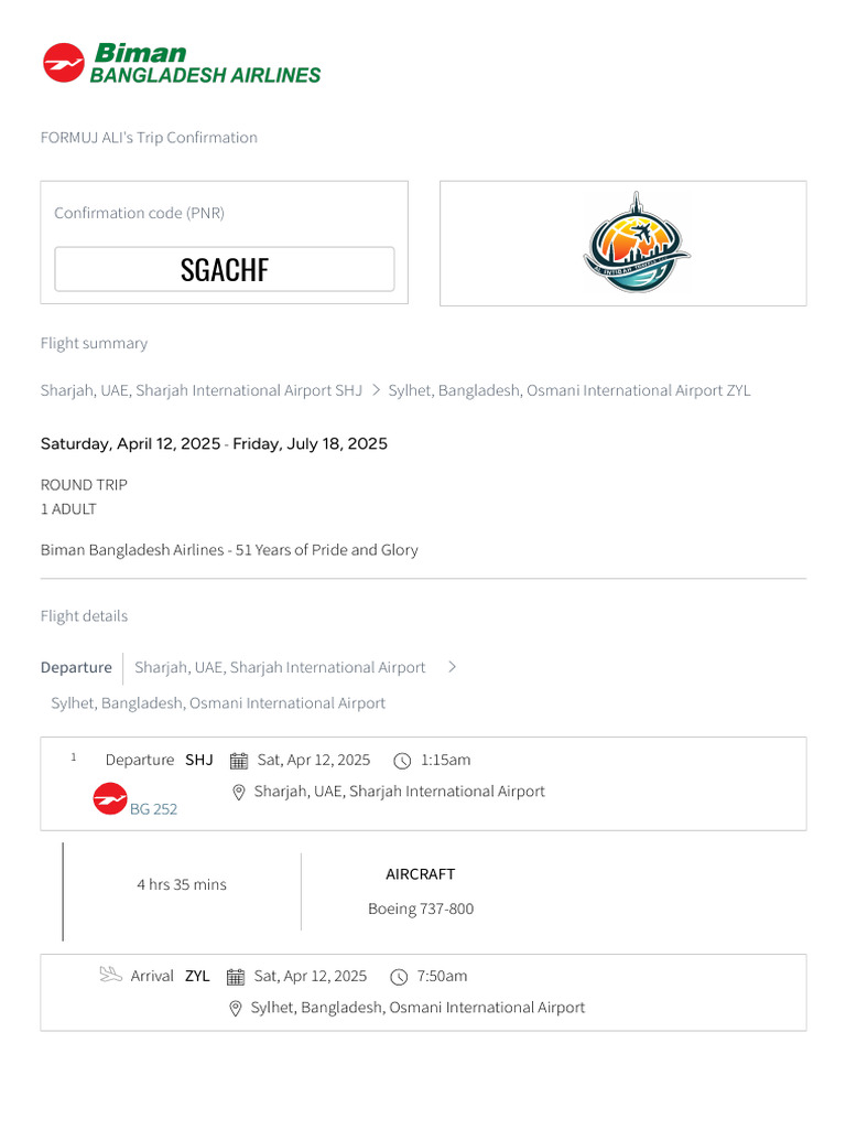 Biman Bangladesh Airlines Trip Details | PDF