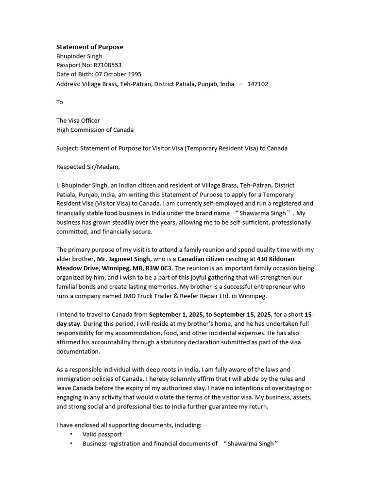 Statement of Purpose Bhupinder | PDF | Travel Visa | Immigration