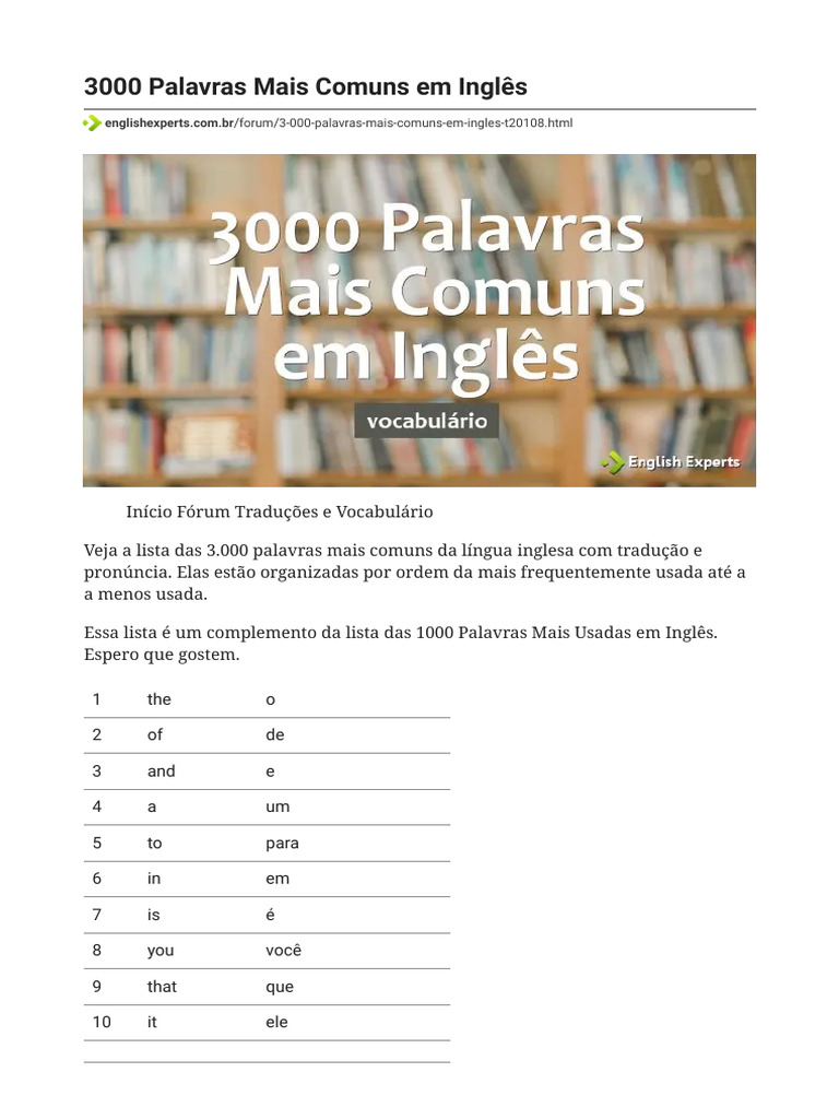 3000 Palavras Mais Comuns em Inglês - English Experts | PDF