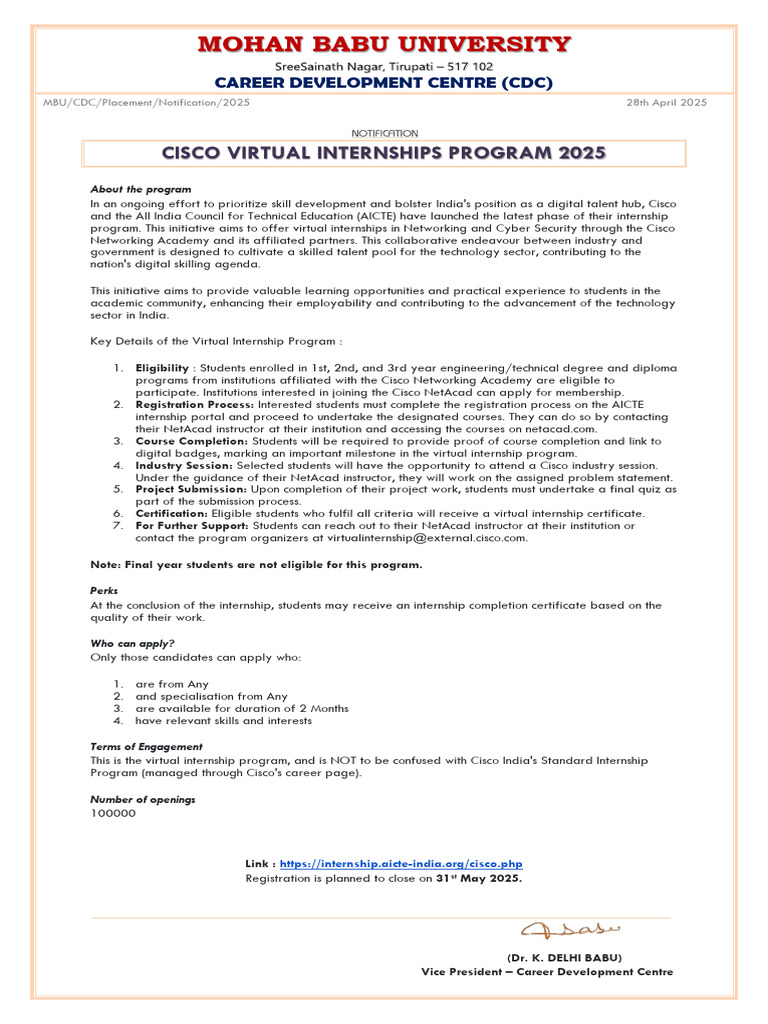 Cisco-AICTE Virtual Internship 2025 MBU Notification | PDF | Internship | Job Hunting