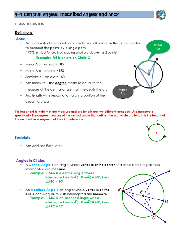 (4-3) Central Angles, Inscribed Angles and Arcs | PDF | Angle | Circle