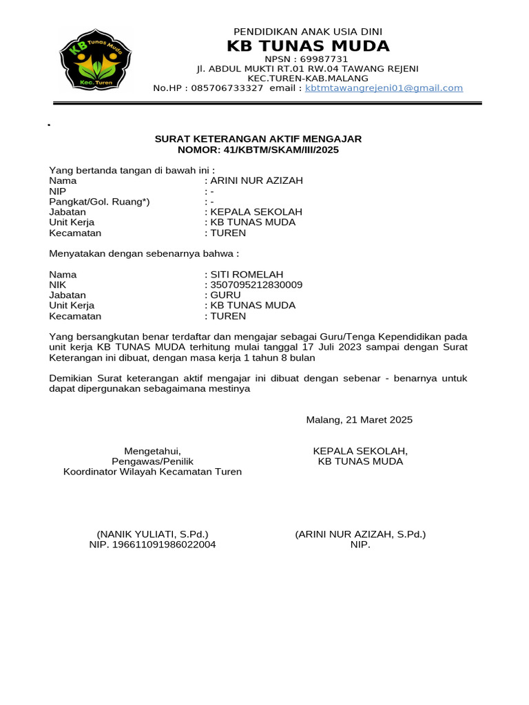 Surat Keterangan Aktif Mengajar KB Tunas Muda | PDF