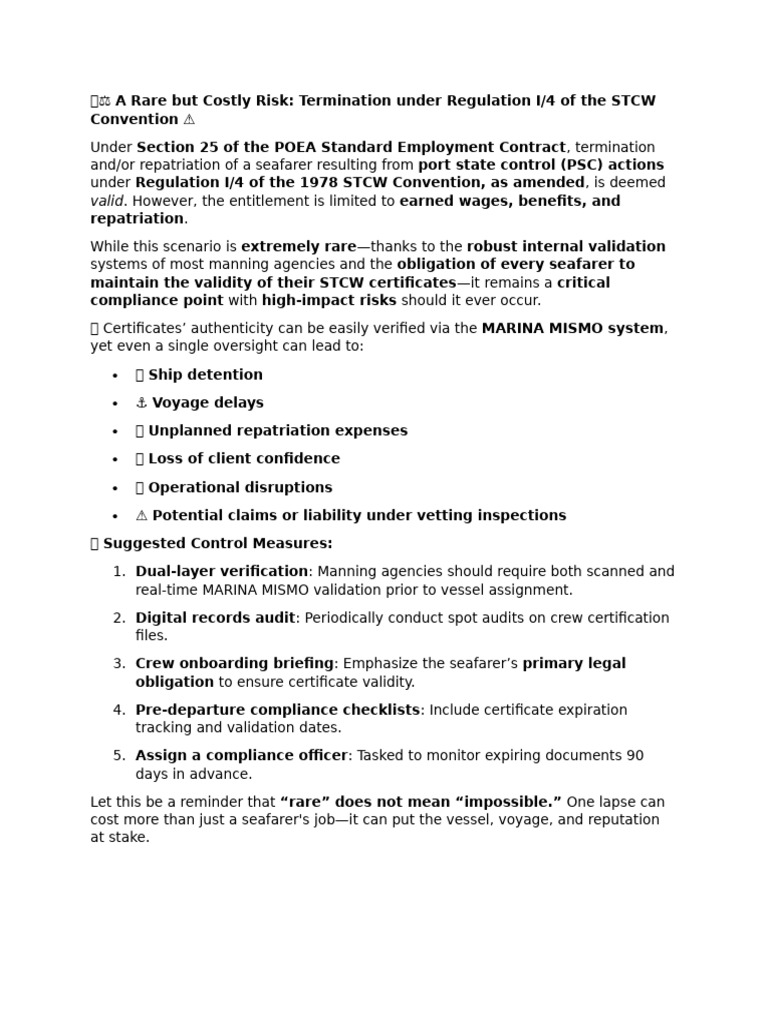 Termination Under Regulation - STCW Convention | PDF | Sailor | Audit