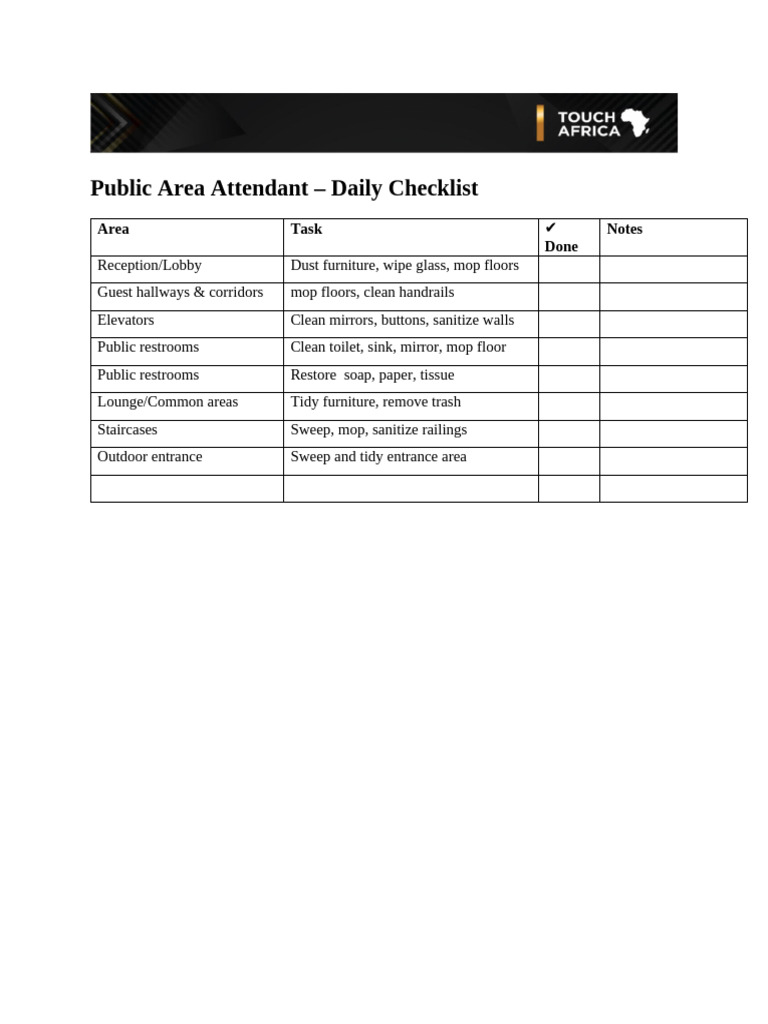 Public Area Attendant Checklist | PDF