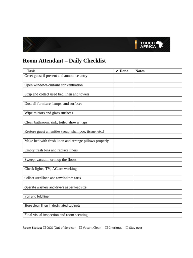 Room Attendant Checklist | PDF