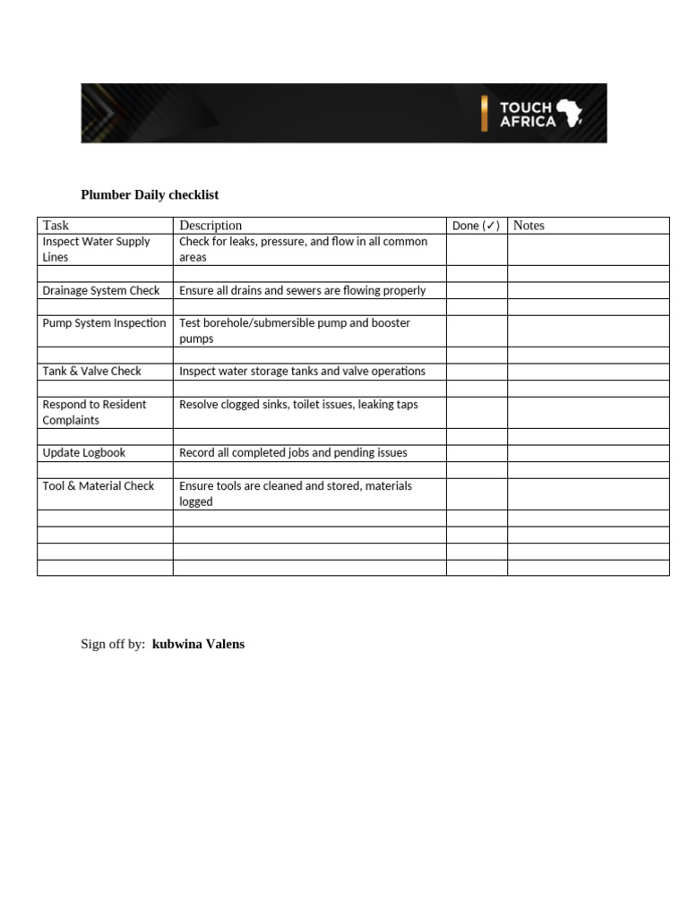 Daily Plumbing Inspection Checklist | PDF