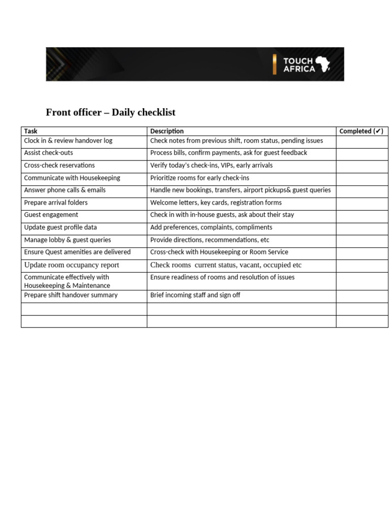 Front Officer Checklist | PDF