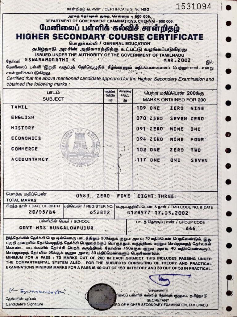 Eswaran 12 TH Mark Sheet | PDF