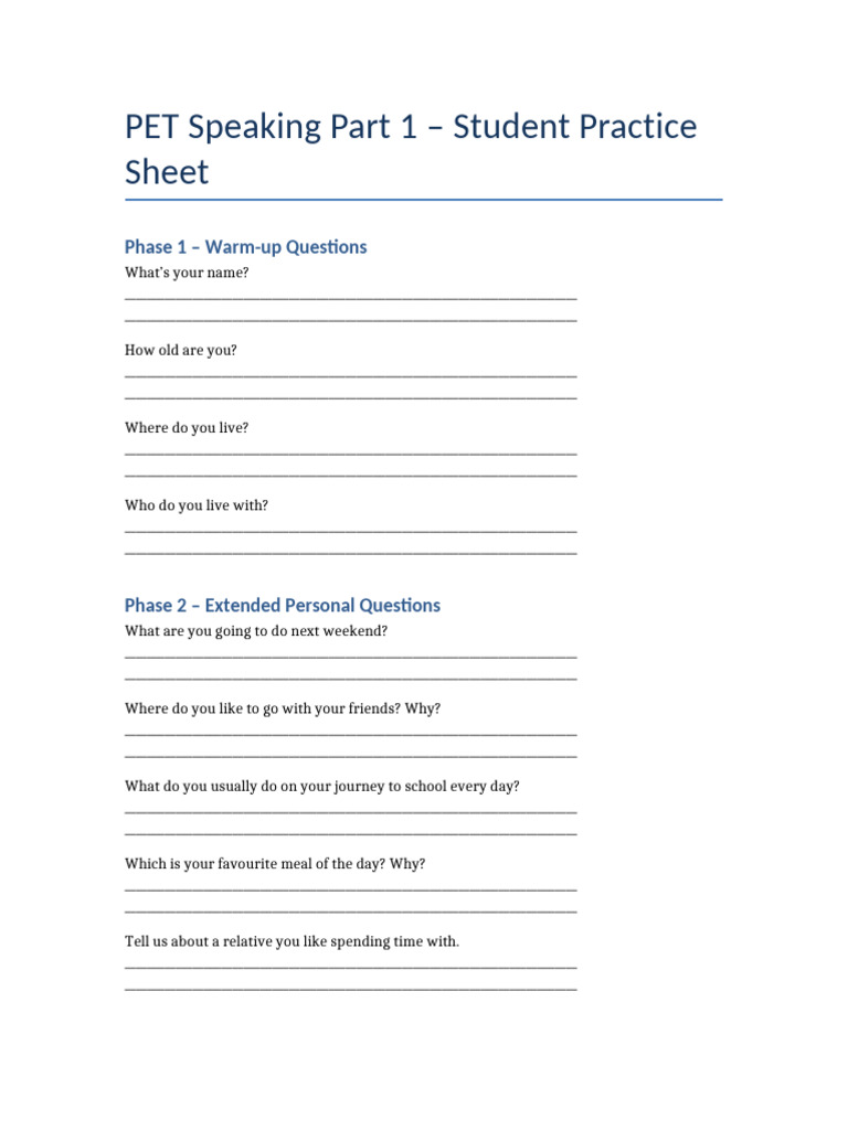PET Speaking Practice Sheet | PDF