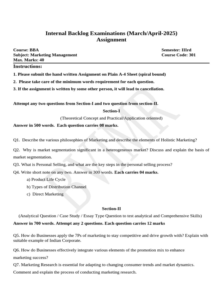 BBA (2022) Sem III Marketing Management | PDF