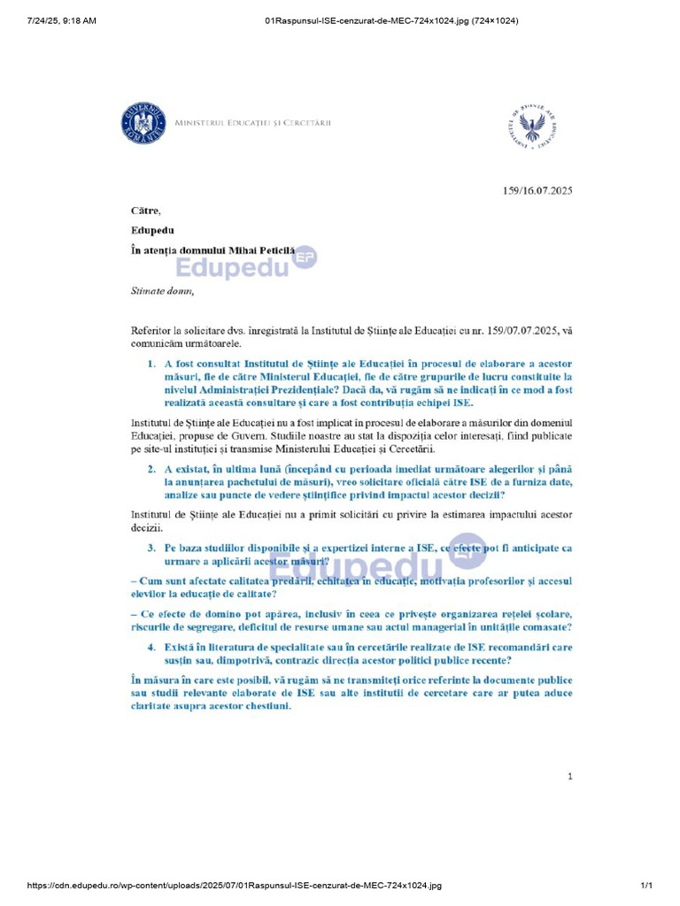 Raspuns ISE Pentru Edupedu Norma Didactica | PDF