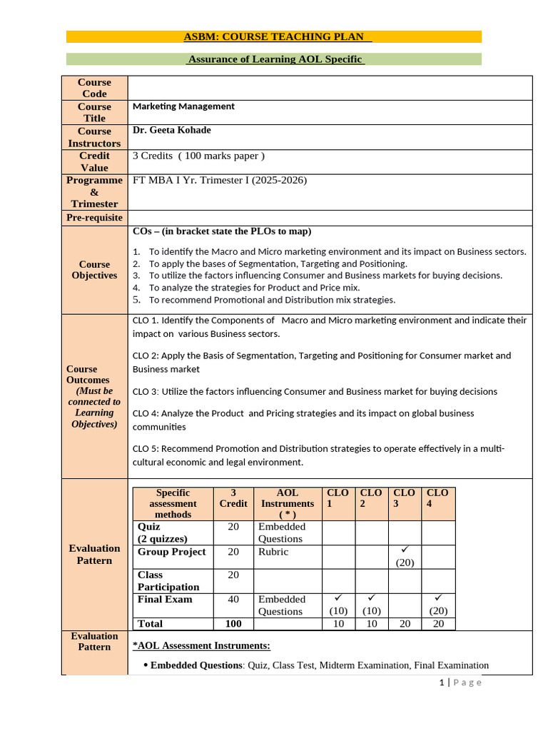 Course Outline Filled Format | PDF | Marketing | Market Segmentation