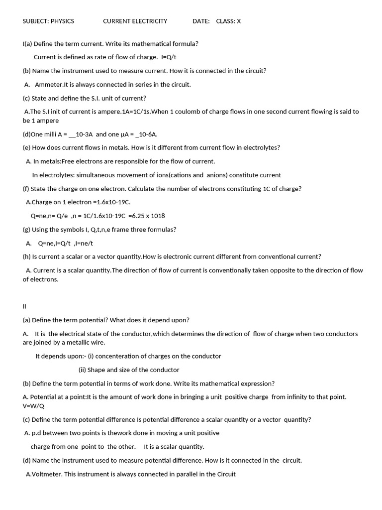 CH8 Current Electricity MS | PDF | Electric Current | Electrical Resistivity And Conductivity