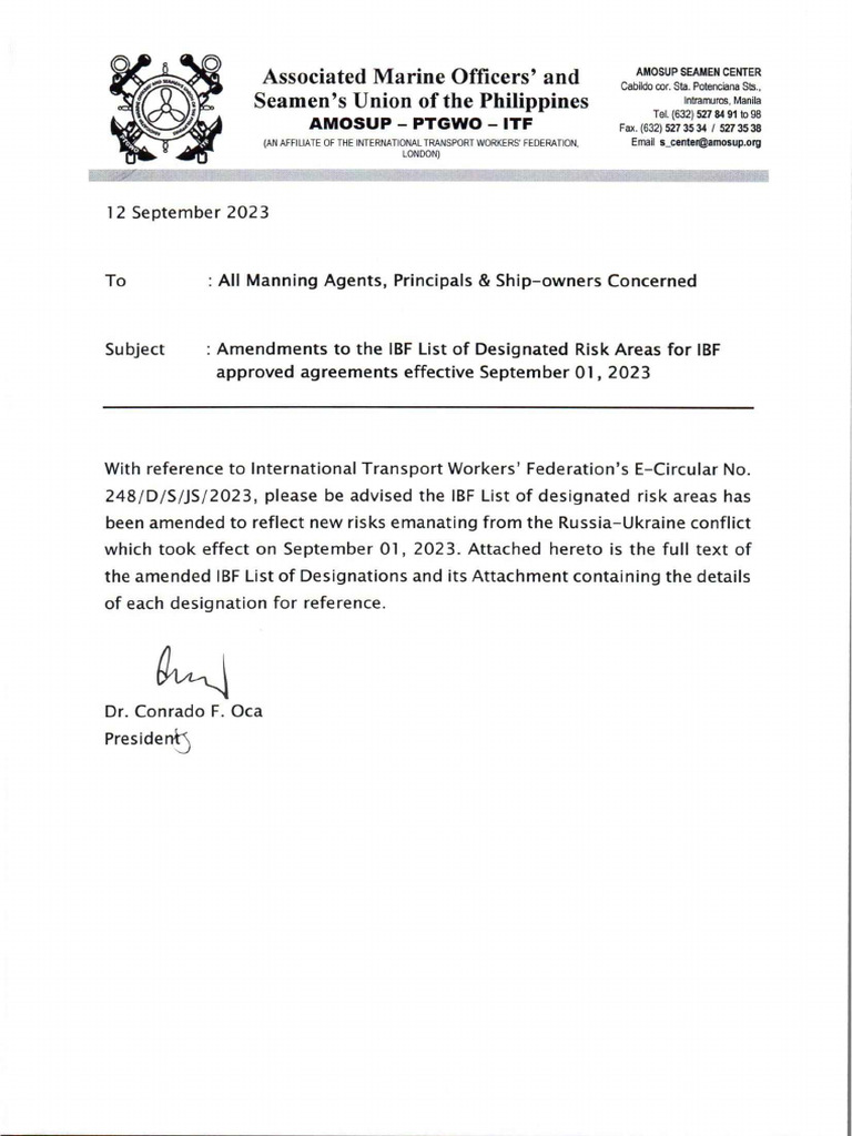 Amendments To The IBF List of Designated Risk Areas | PDF