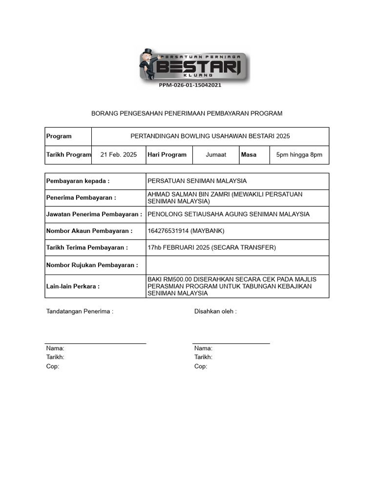 Format Borg Pengesahan Pembayaran - Seniman Bowling | PDF