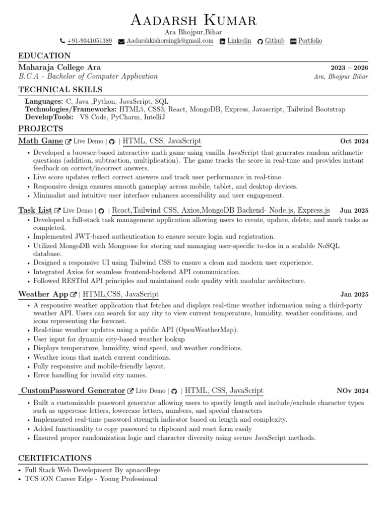 Aadarsh - Kumarcv - Aadarsh Kishor Singh | PDF | Java Script | Web Development