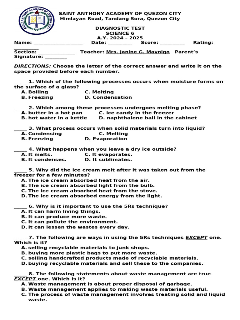 Science 6 Diagnostic Test (A.y. 2024 - 2025) | PDF | Fertilisation