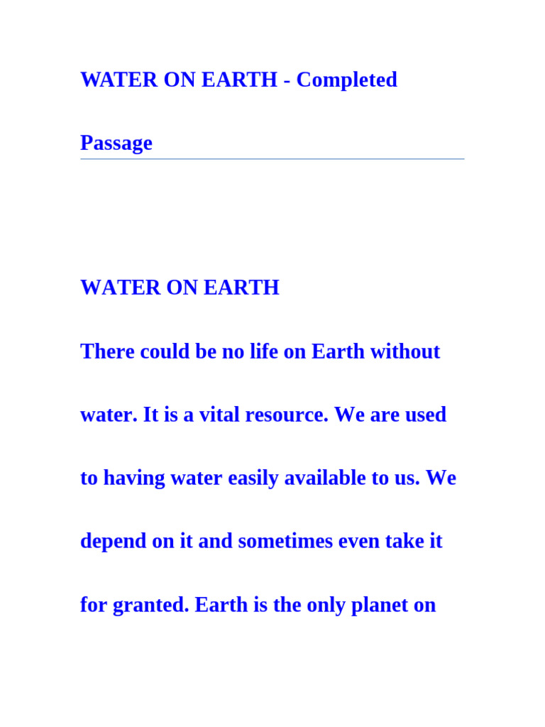 Water On Earth Completed Passage | PDF | Oceans | Water