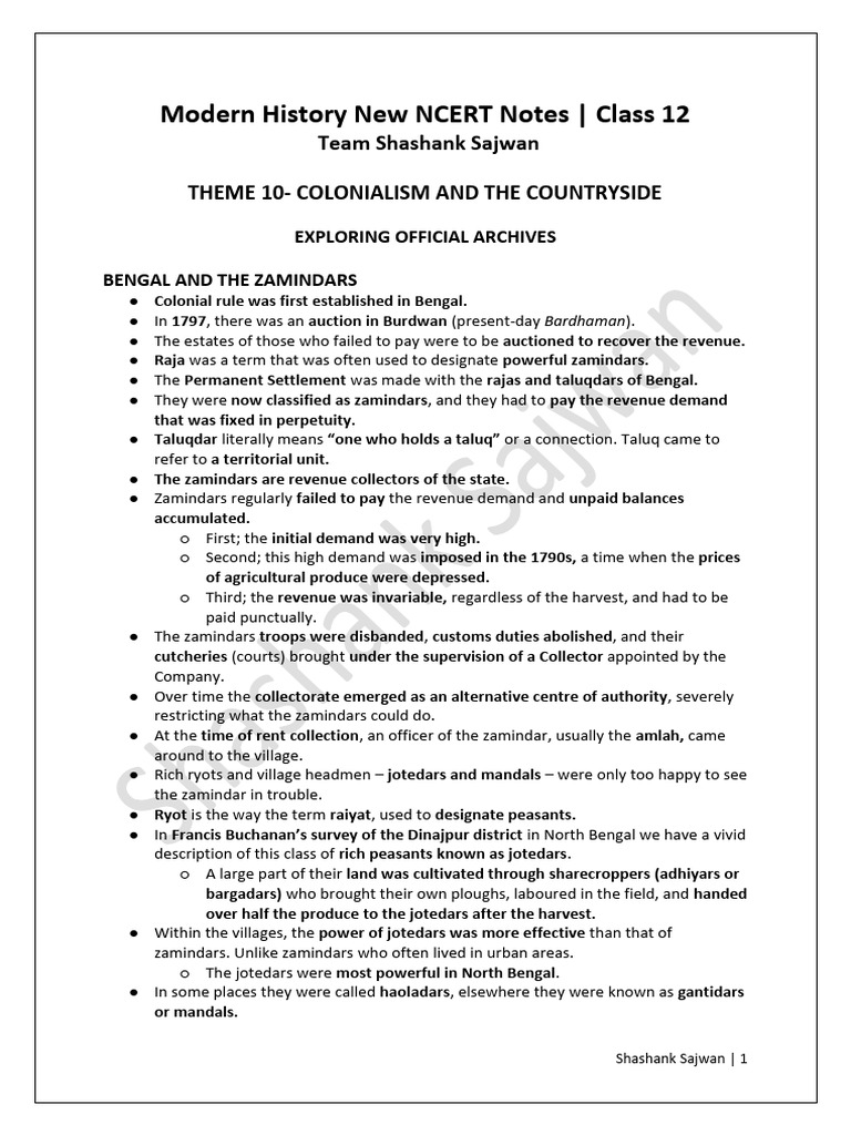 Modern History New NCERT Notes - Class 12: Team Shashank Sajwan Theme ...