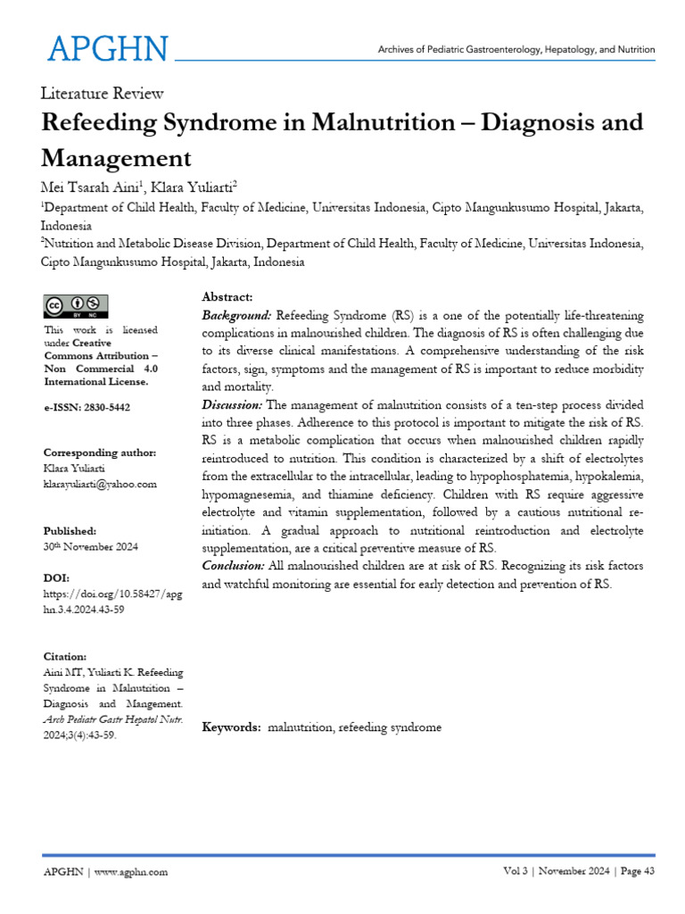 Refeeding Syndrome in Malnourished Children | PDF | Malnutrition ...