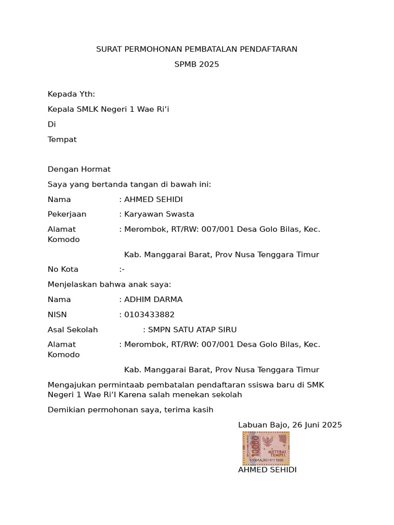 Surat Permohonan Pembatalan Pendaftaran Pdf