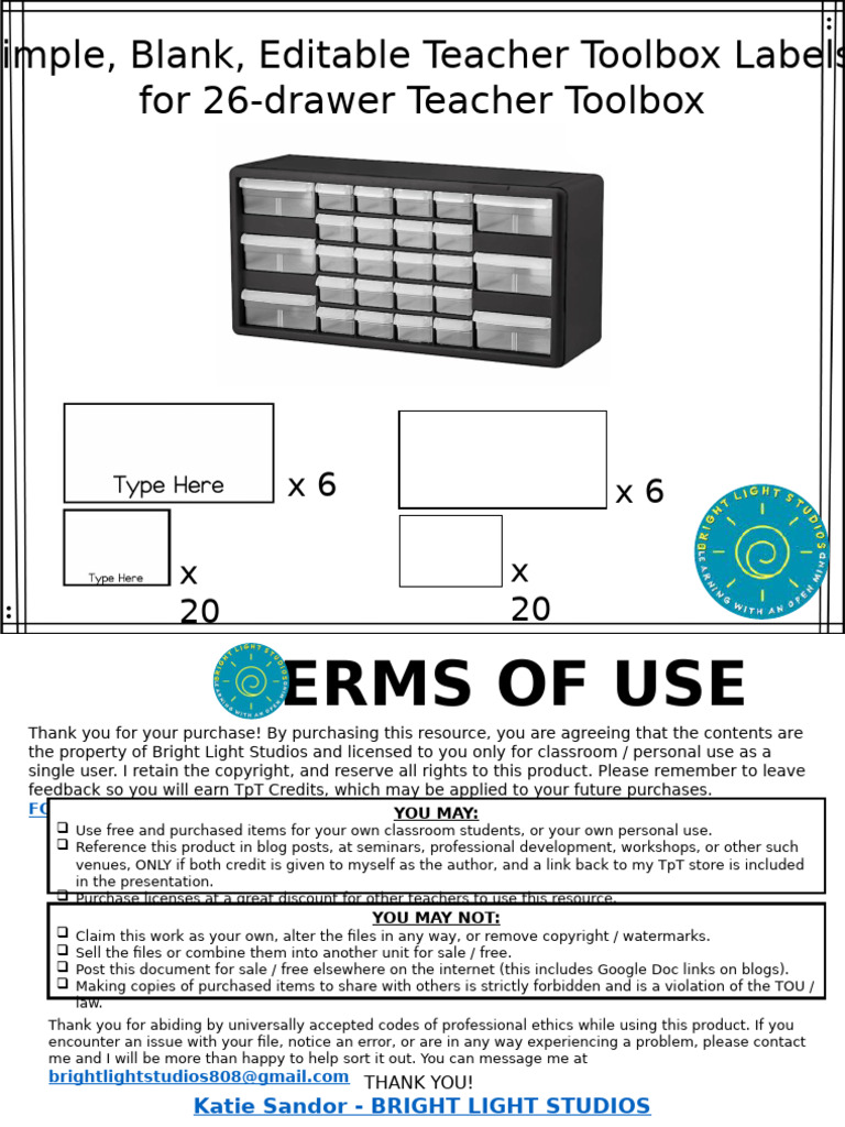 Simple, Blank, Editable Teacher Toolbox Labels For 26-Drawer Teacher ...