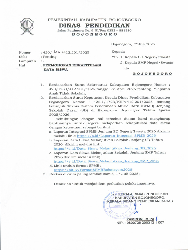 Surat Laporan Data Rekap Dan Integrasi SPMB | PDF