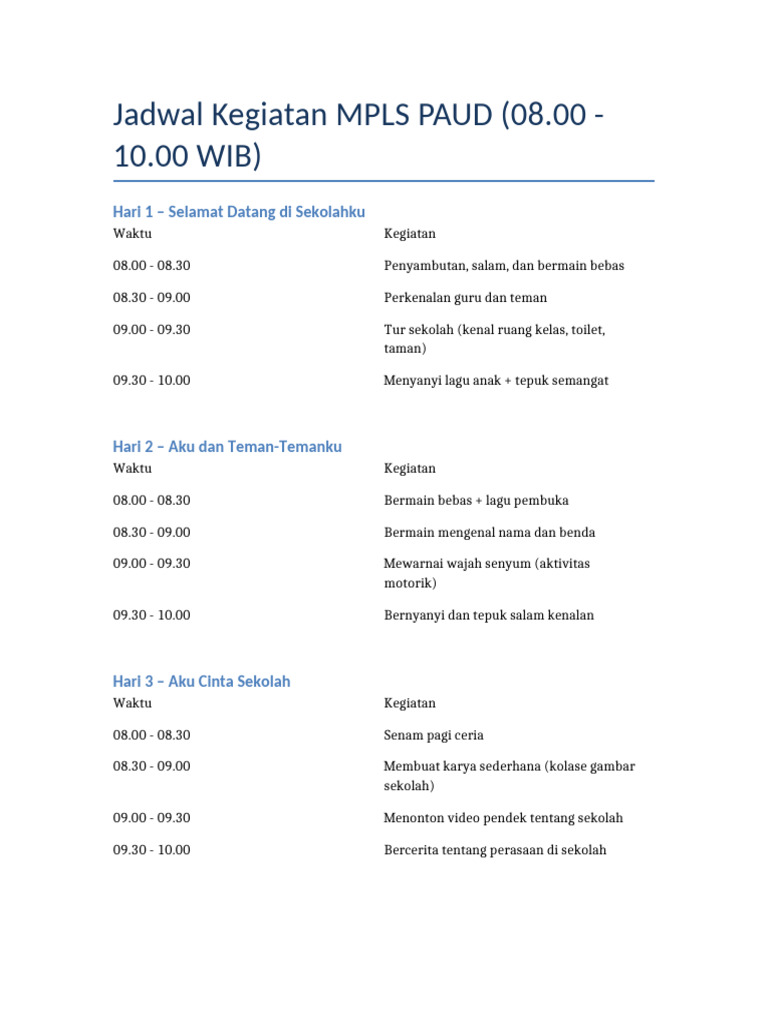 Jadwal MPLS PAUD 5 Hari | PDF