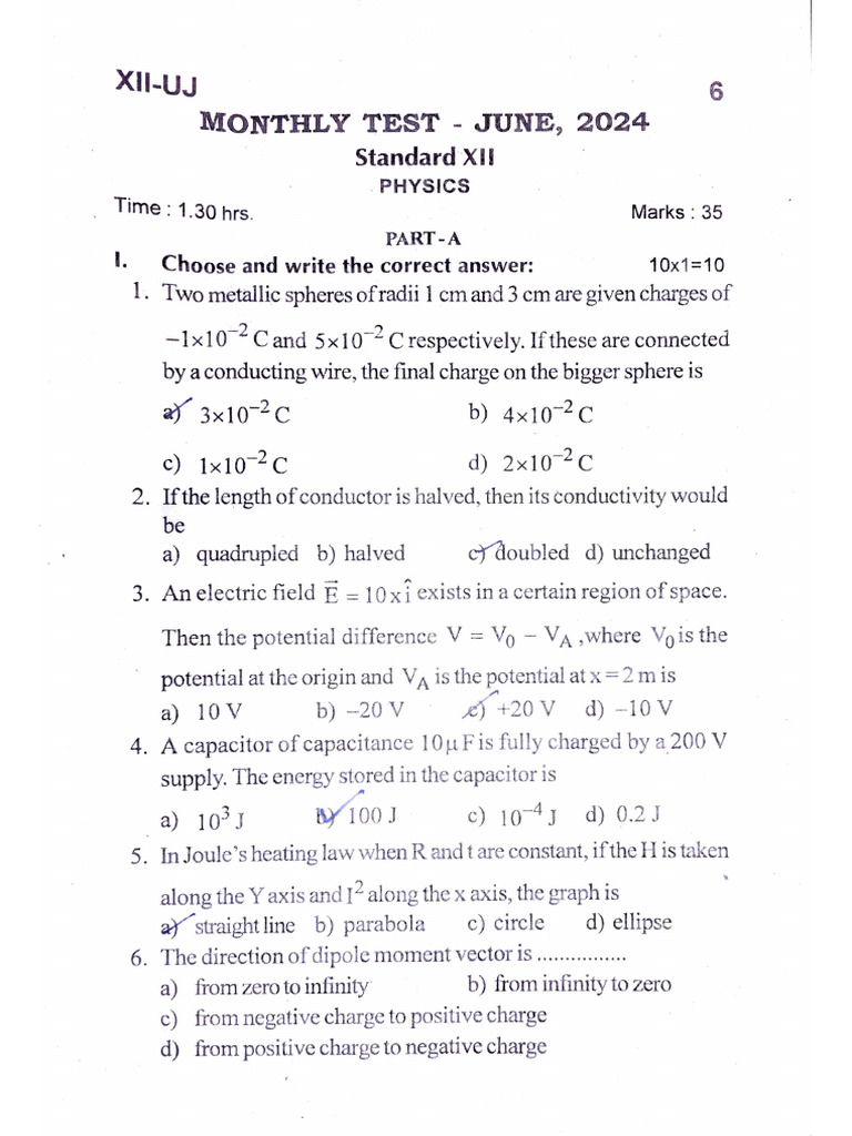 12th Physics Monthly Test June 2024 Question Paper English Medium PDF ...
