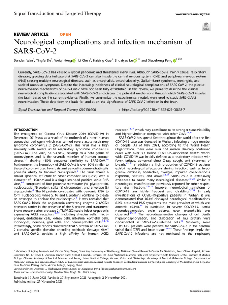 Neurological Complications and Infection Mechanism of SARS-CoV-2 | PDF ...