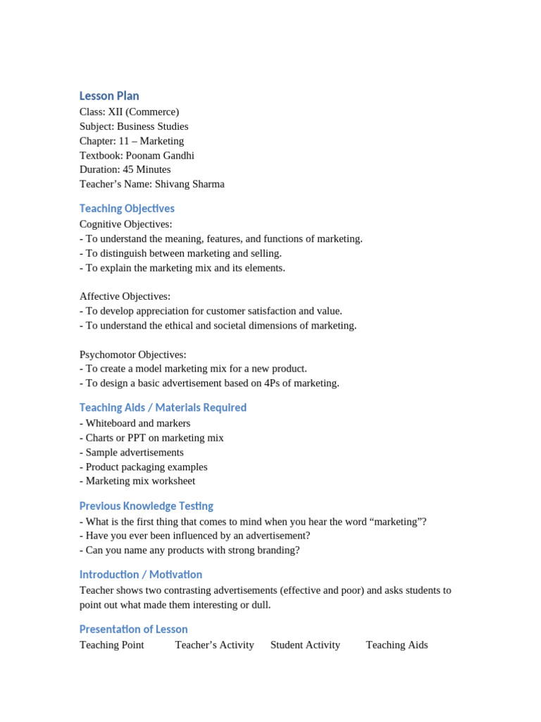 Business Studies Lesson Plan Chapter11 Full | PDF | Marketing | Teachers