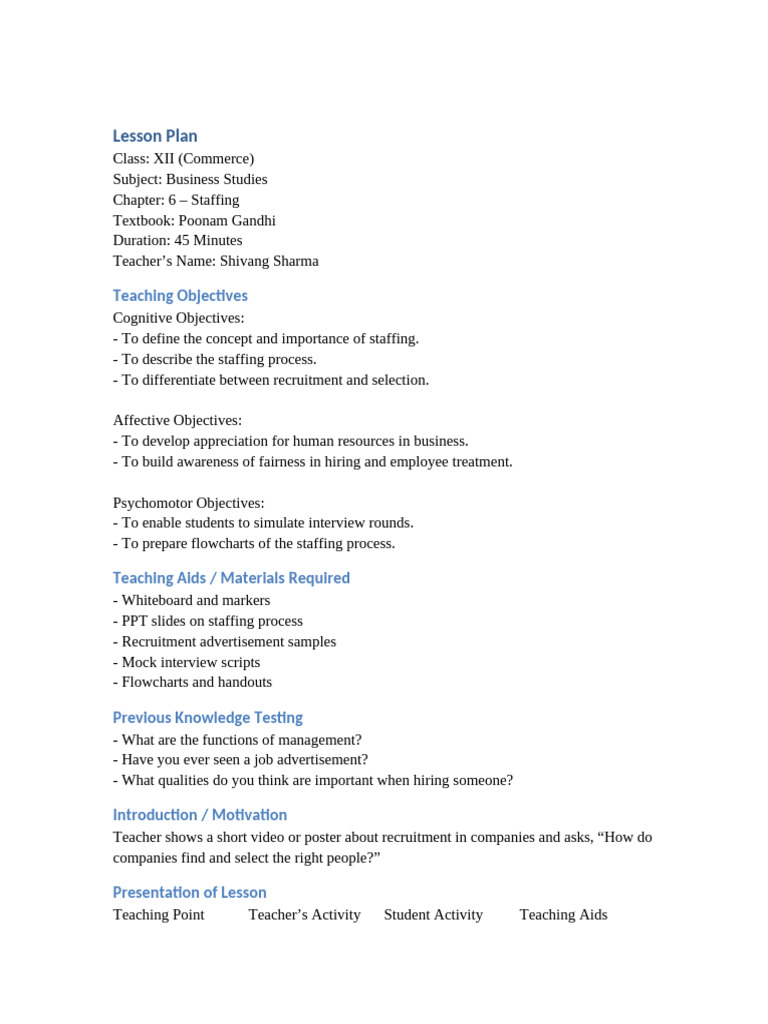 Business Studies Lesson Plan Chapter6 Full | PDF | Teachers | Recruitment