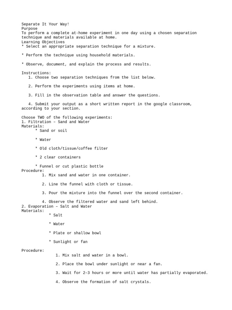 ACTIVITY 7. Separating Mixtures at Home | PDF | Filtration | Water