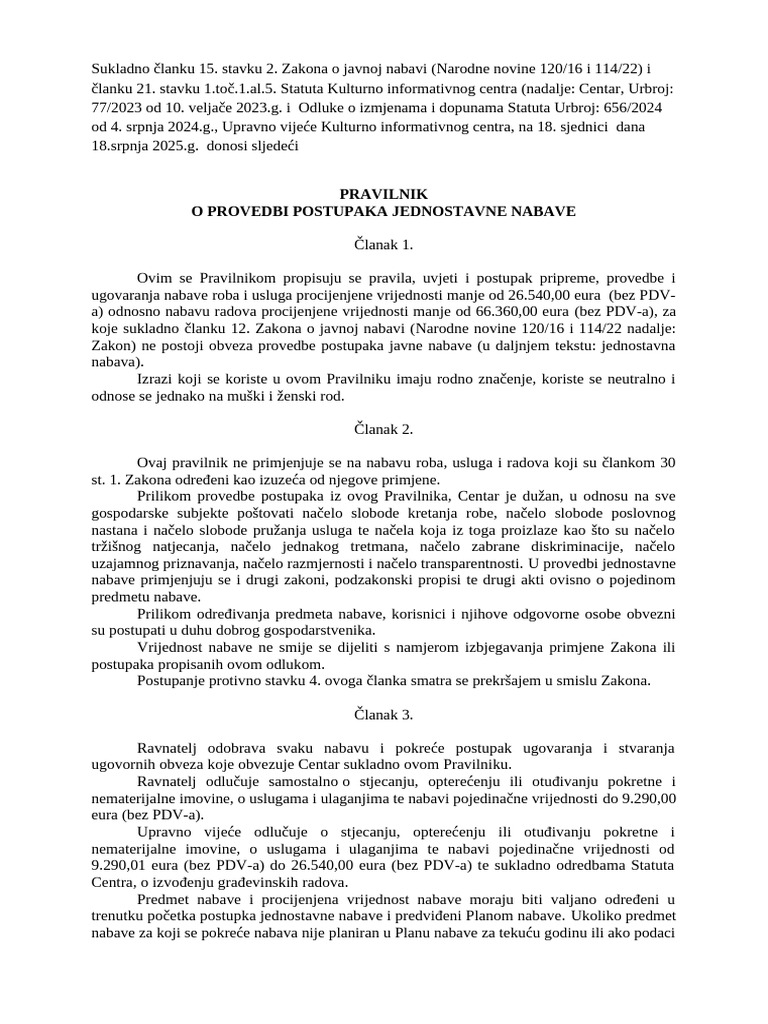 Pravilnik o Jednostavnoj Nabavi 2025 | PDF