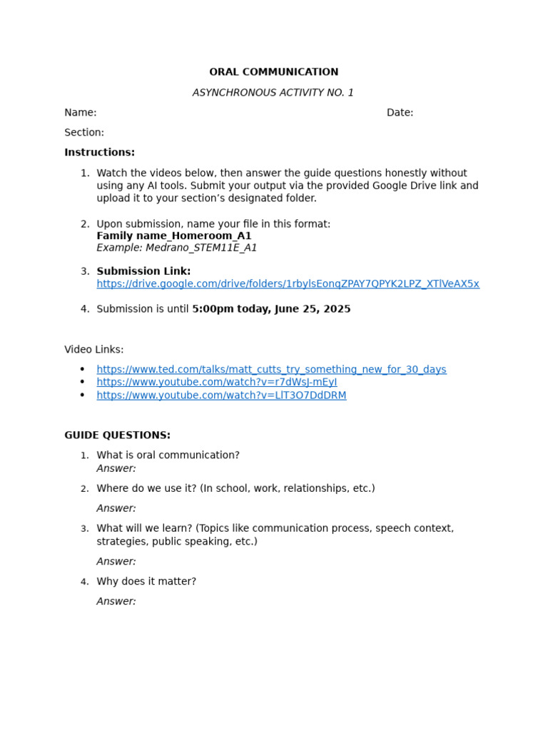 Oral Communication Asynch No.1 | PDF