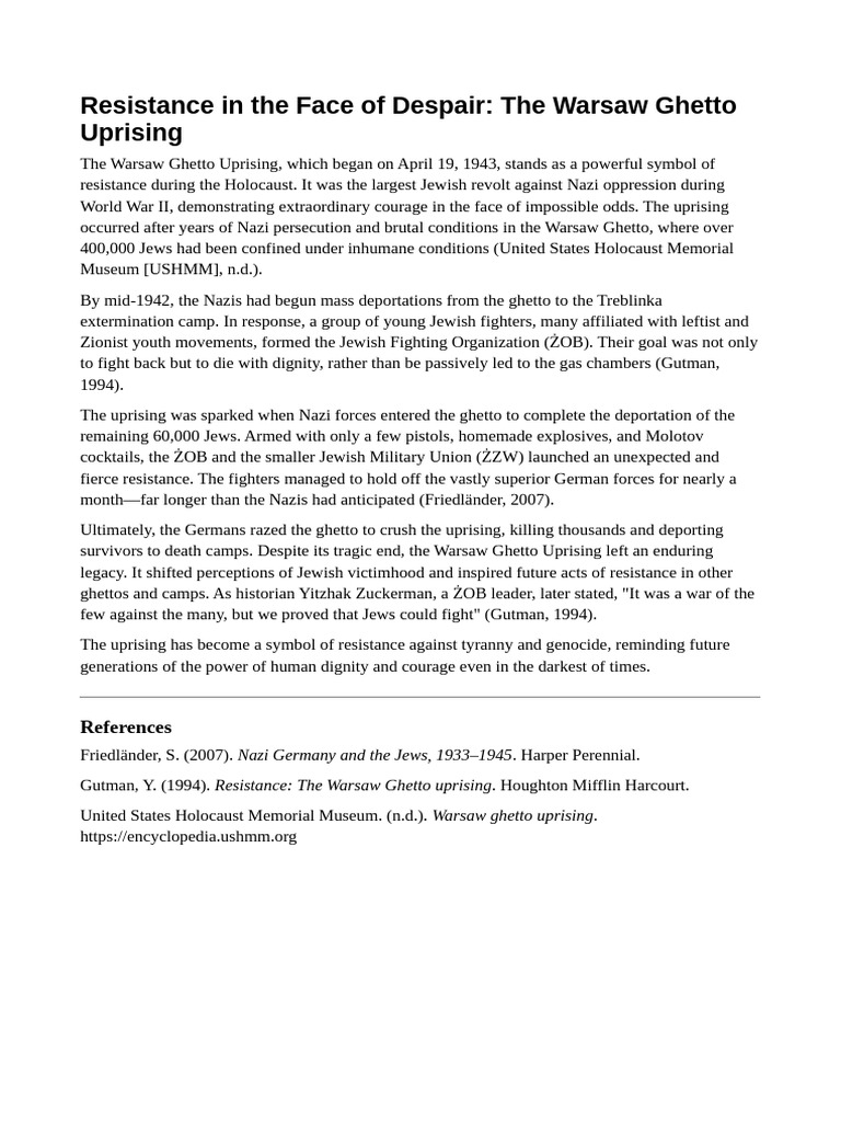 Resistance in The Face of Despair: The Warsaw Ghetto Uprising | PDF