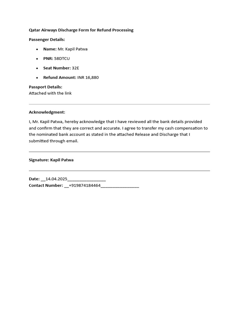 Qatar Airways Discharge Form For Refund Processing | PDF