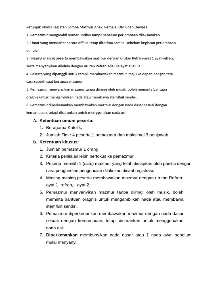 Petunjuk Teknis Kegiatan Lomba Mazmur Anak | PDF