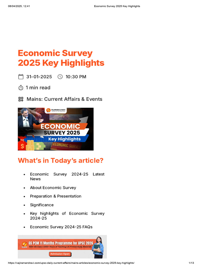 Economic Survey 2025 Key Highlights | PDF | Economic Growth | Gross ...