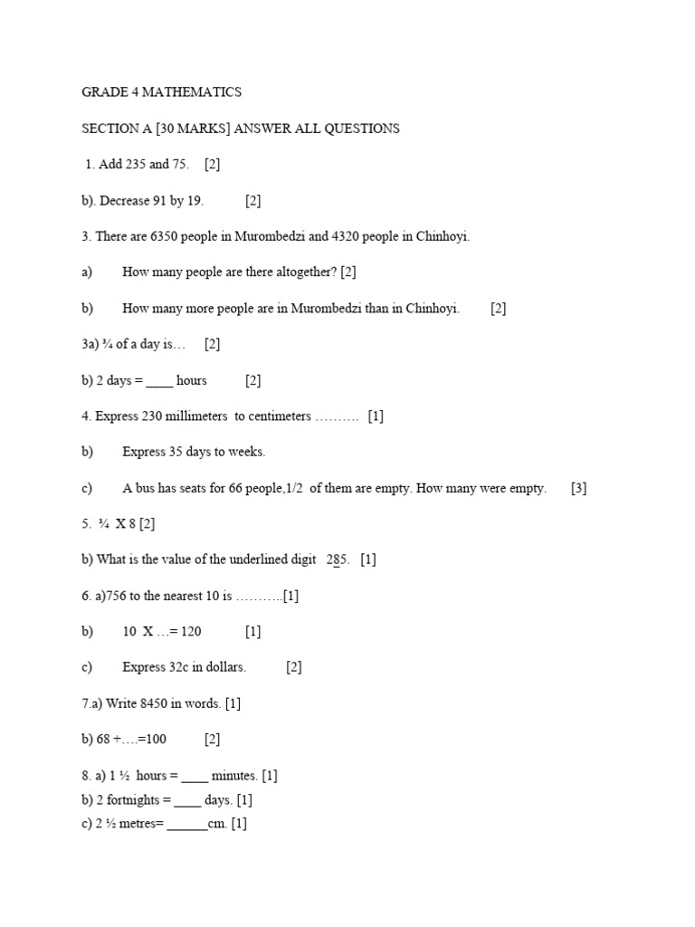 Grade 4 Math Question Paper Answers | PDF